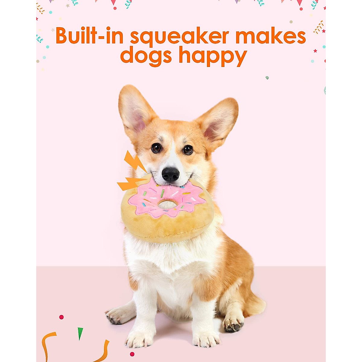 HGB Squeaky Dog Toys, Funny Donut Plush Dog Chew Toys for Teething, Pet Training, and Entertaining, Cute Interactive Dog Toy (3 Pack)