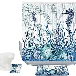 Amagical Sea Shells Seahorse Starfish Pattern 3 Piece Blue Ocean Shower Curtain Bath Mat Set Non Slip Bathroom Mat Contour Mat Fabric Shower Curtain with 12 Hooks