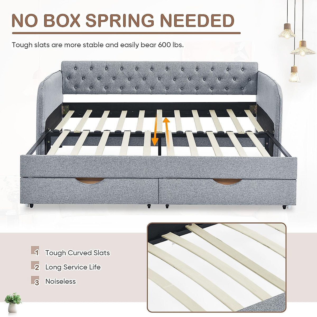 Antetek 80.5" Daybed with Drawer, Modern Button Tufted Linen Day Bed with Trundle Bed Twin to King, Upholstered Daybed Frame w/Storage Pocket for Bedroom, Living Room, No Box Spring Needed, Grey