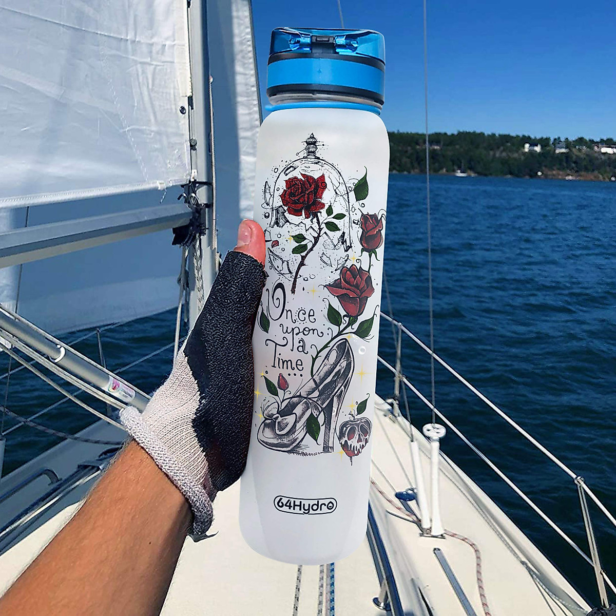 64HYDRO 32oz 1Liter Motivational Water Bottle with Time Marker & Removable Strainer Flip Top Leakproof Durable BPA Free Non-Toxic for Home Work Gym Fitness Sports - Beauty Once Upon A Time Rose