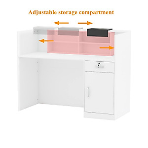 Homsee Modern Reception Desk Counter with Hutch, Adjustable Storage Cube, Lockable Drawer & 1 Door Cabinet, Office Wooden Computer Desk Reception Table, White and Black