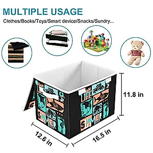 CaTaKu Surf Life Shark Storage Bins with Lids and Handles, Fabric Large Storage Container Cube Basket with Lid Decorative Storage Boxes for Organizing Clothes