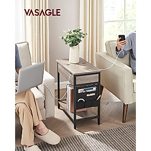 VASAGLE Side Table with Storage, End Table with USB Ports and Outlets, Nightstand with Charging Station, Fabric Bags, for Living Room, Bedroom, Greige and Black ULET310B02, 23.6 x 12.4 x 23.6 Inches