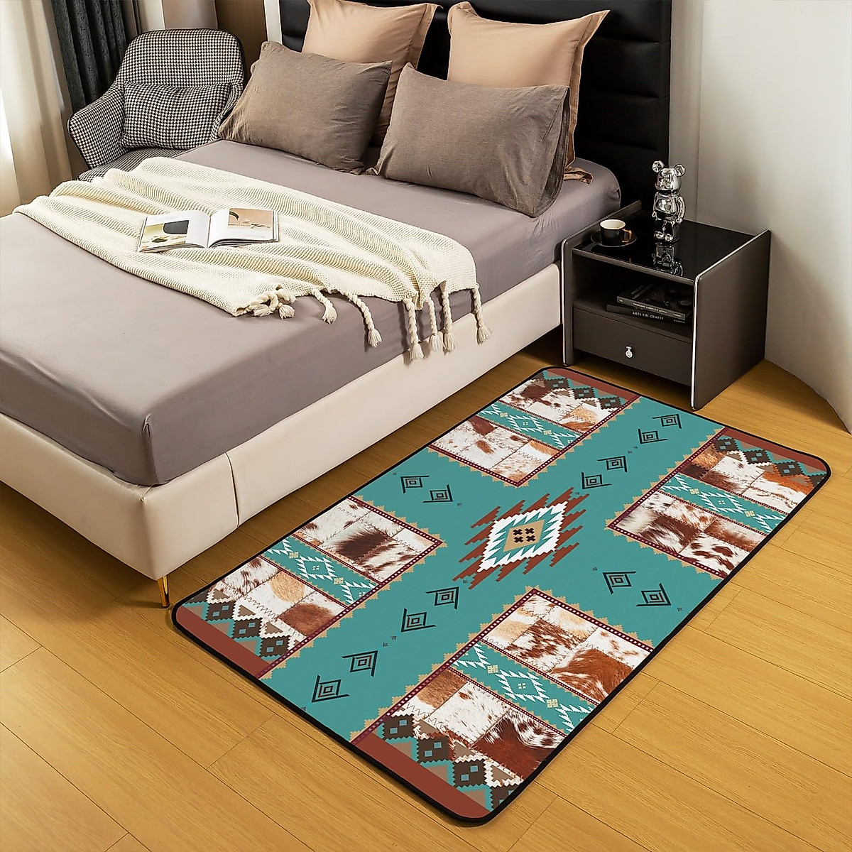 Erosebridal Patchwork Cowhide Area Rug 3x5 Geometric Diamond Triangle Western Non Slip Washable Carpet for Bedsides,Ethnic Tribe Arrow Aztec Rug Farm Animals Bull Cow Print Southwestern Decor