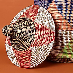 Senegal Extra Large Hand Woven Grass Colorful Triangle Basket with Hooded Lid