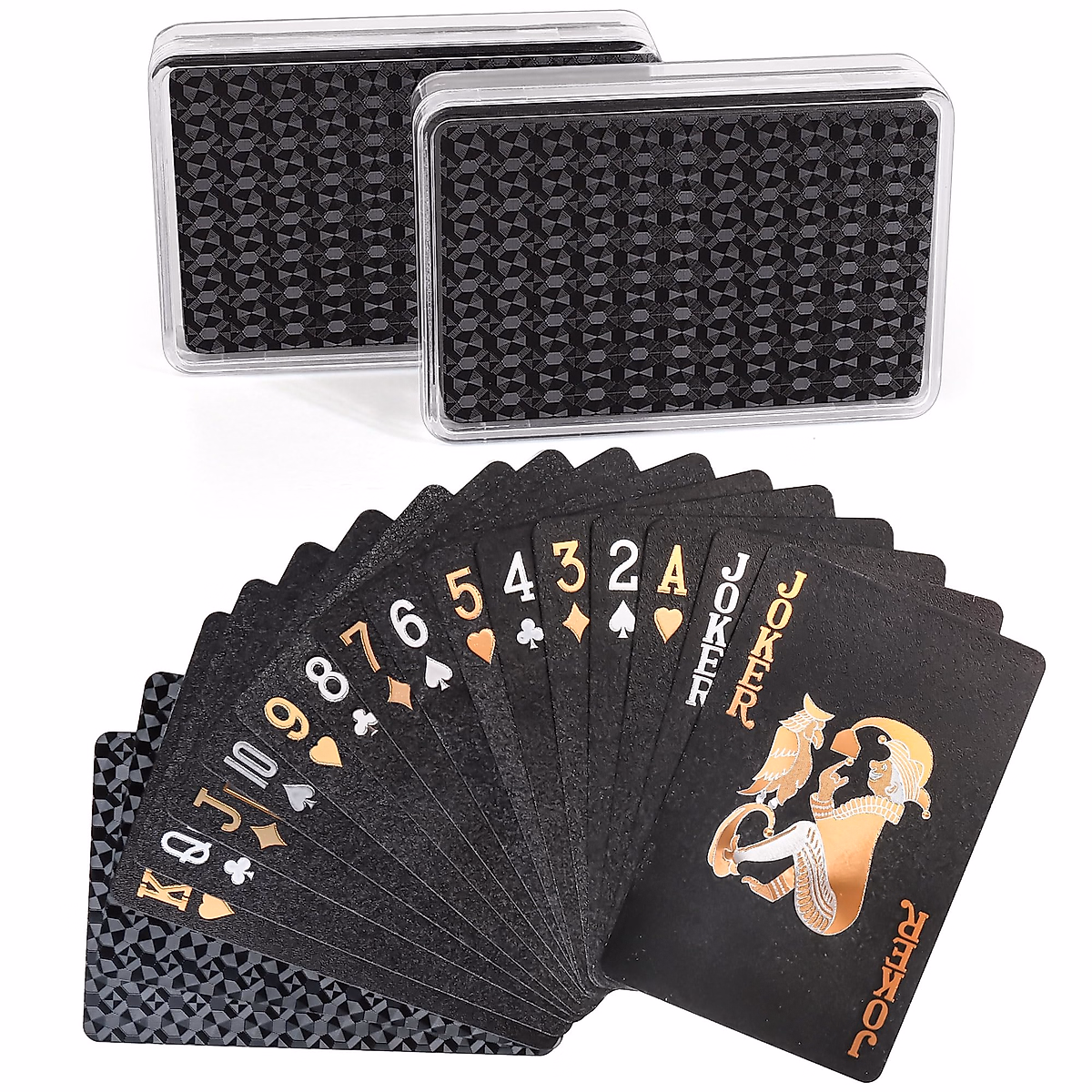 LotFancy Plastic Playing Cards, 2 Decks of Cards with Plastic Cases, Waterproof, Black Poker Cards for Magic Tricks Pool Beach Card Games, Cool Gadgets Gift for Men Adults