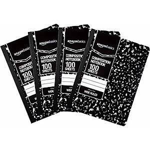 Amazon Basics Wide Ruled Composition Notebook, 100 Sheets, Marble Black, 4-Pack