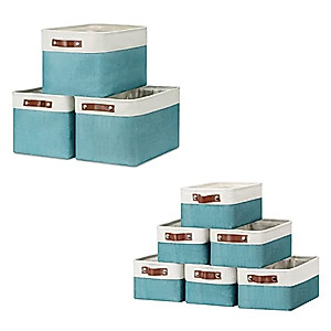 DULLEMELO Collapsible Bundle Baskets 3 Medium Baskets 15"x11"x9.5" + 6 Small Baskets 11.8"x7.9"x5.1"（White&Teal)