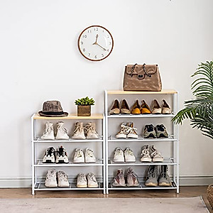YOUDENOVA Metal Shoe Rack, 4-Tier Shoe Shelf with MDF Wood Top Board, Shoe Tower for Entryway, Shoe Storage Organizer for Hallway, Closet, Bedroom, Living Room - White Oak
