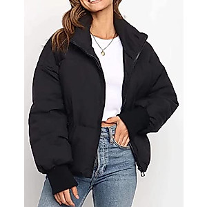 Gihuo Women’s Winter Warm Long Sleeve Zip Front Short Baggy Puffer Jacket with Pockets(Black-L)