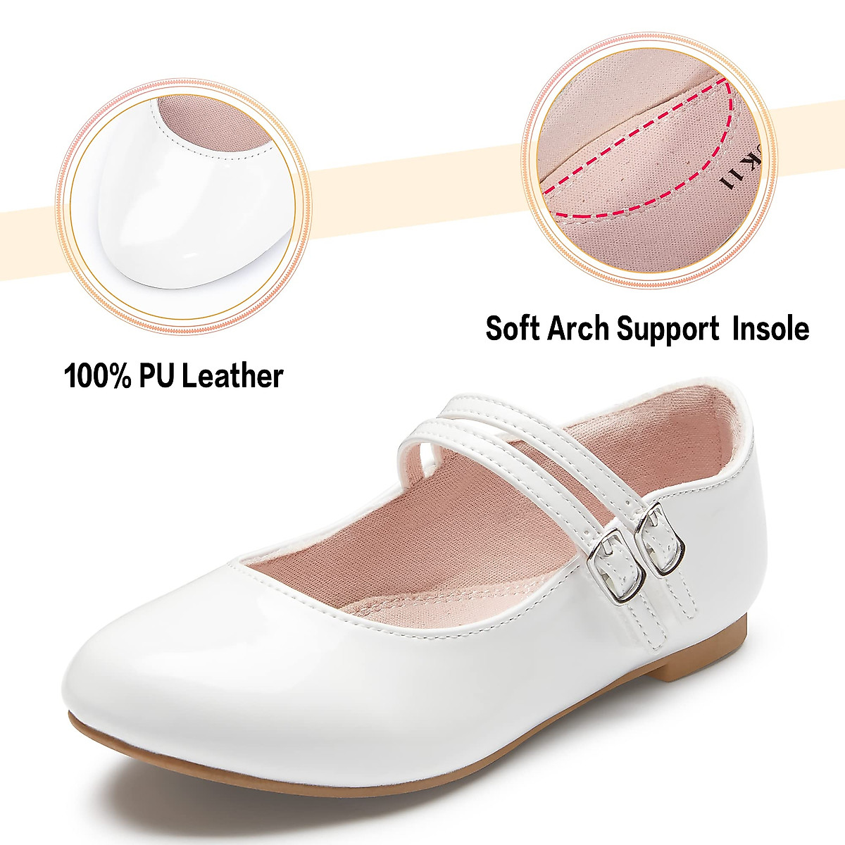 shoeslocker Girls Dress Shoes Mary Jane Flat Shoes for Girl Ballerina Flats for Party Wedding White Size 2