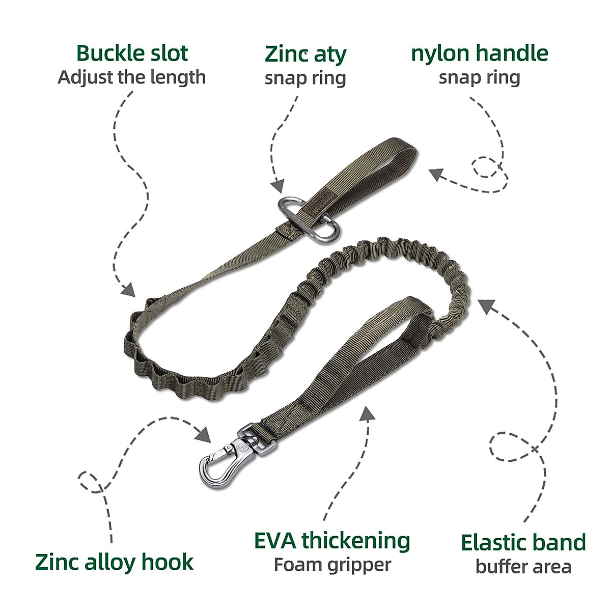 Excellent Elite Spanker Tactical Bungee Dog Leash Military Adjustable Dog Leash Quick Release Elastic Leads Rope with 2 Control Handle(Ranger Green)