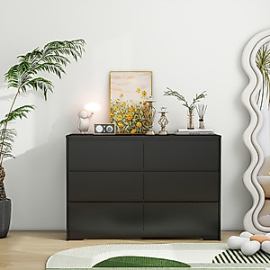 Panana Modern 6 Drawer Double Dresser, Wood Wide 6 Chest of Drawers with Deep Drawers Floor Storage Lateral Drawer Cabinet Organizer for Living Room Bedroom Home Office (Black)