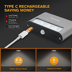 MtSofy Motion Sensor Light Indoor - Under Cabinet Lights Wireless | USB Rechargeable 1800ma Closet Light - LED Night Light for Kitchen, Wardrobe, Stairway, Hallway, Garage - 1 Pack, Dark Gray