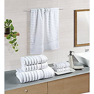 LANE LINEN Ribbed White Bath Towels - 100% Cotton Towel Sets for Bathroom, Zero Twist, Soft Textured Bathroom Towels, Absorbent, Quick Dry, 2 Bath Towels, 2 Hand Towels, 2 Wash Cloths - 6 Piece Set
