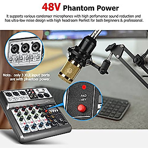 Aveek Professional Audio Mixer, Sound Board Mixing Console with 5 Channel Digital USB Bluetooth Reverb Delay Effect, Input 48V Phantom Power Stereo DJ Mixers for Recording, Live Streaming, Podcasting