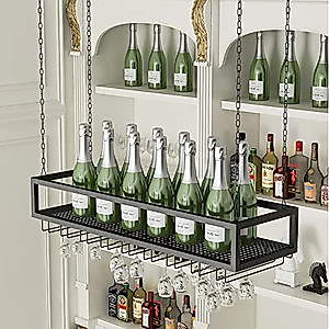 DASHADAO Hanging Wine Glass Rack-Black Wine Rack Home Wine Bottle Racks Ceiling Wall-Mounted Storage Shelf with Hanging Stemware Champagne Glasses Holder Metal Bar Unit Floating Shelves HOM