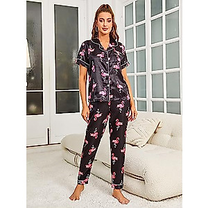 WDIRARA Women's 2 Piece Sleepwear Striped Satin Short Sleeve Shirt and Pants Pajama Set Animal Black M
