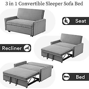 Rovibek 3 in 1 Convertible Sleeper Sofa Bed Pull Out Couch Futon Loveseat Velvet Chaise Lounge with 2 Pockets and 2 Pillows for Living Room, Ash Grey