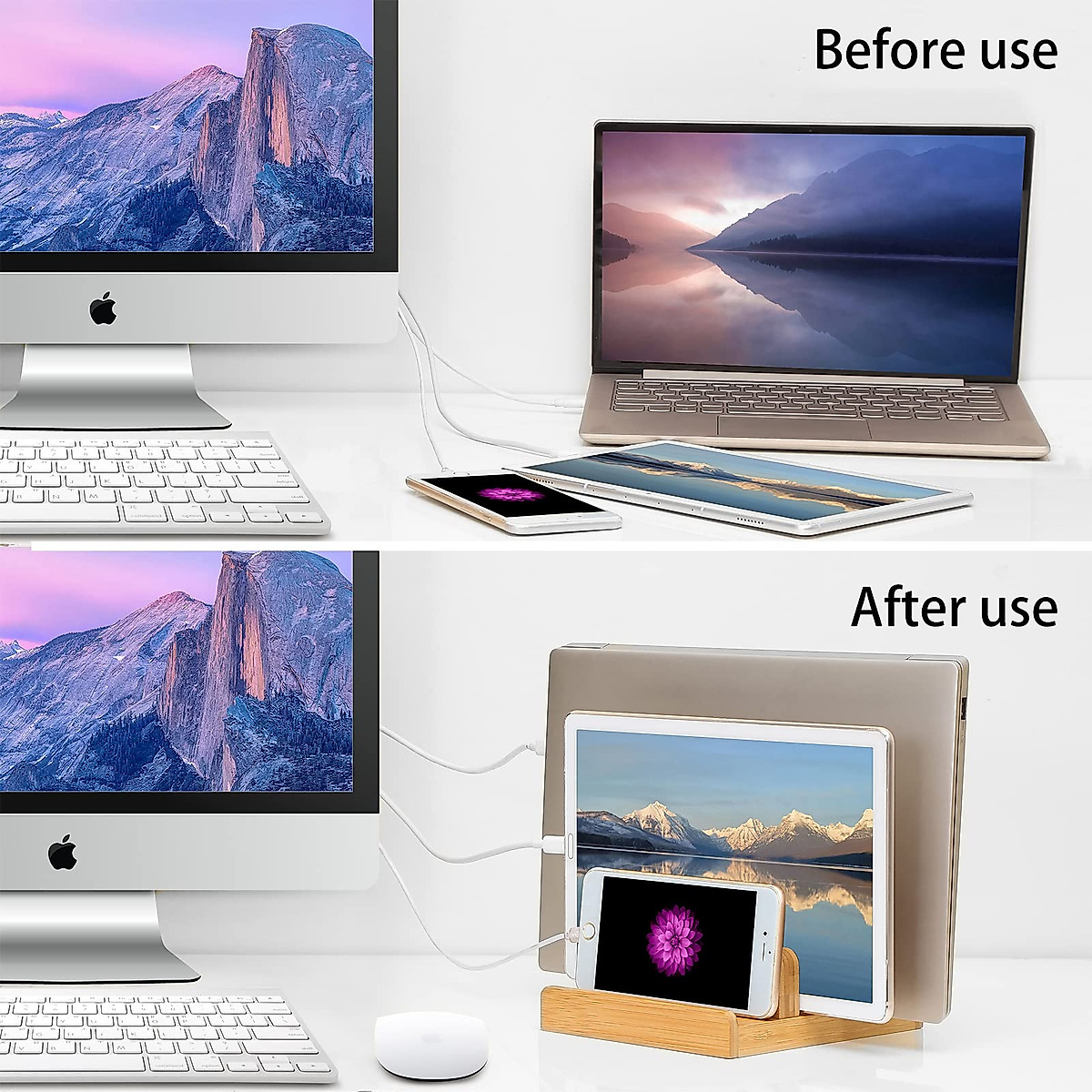 muchly Vertical Laptop Stand - 3 Slots for Computer, Tablet, Phone .Natural Wood, Adjustable Dock, for Devices Up to 5" to 1.2" Thick (Yellow Bamboo Wood)…