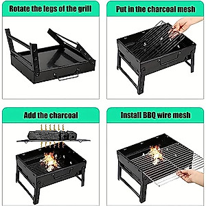 HOSEMN 2023 NEW Portable Folding Charcoal Grills, Stainless Steel Grill Table, Easy Portability For for Outdoor Cooking, Barbecue Camping, Beach BBQ, Picnic Backyard - Black (17"x11.4"x9.4"）