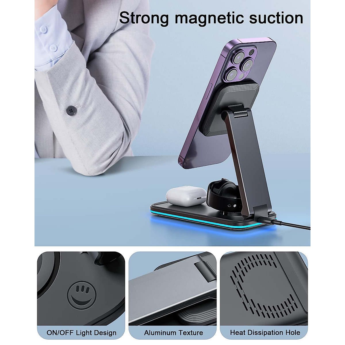 BOCLOUD 3 in 1 Wireless Charging Station, Portable Charging Stand Fast Wireless Charger for iPhone 15, 14,13,12 Pro Max/Pro/Mini, iWatch 8/SE2/7/6/SE/5/4/3/2, AirPods Pro/3/2