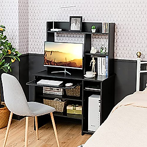 IFANNY Computer Desk with Hutch, Wood Office Desk with Keyboard Tray, Storage Shelves and CPU Stand, Work Desk for Home Office, Corner Writing Desk for Small Spaces