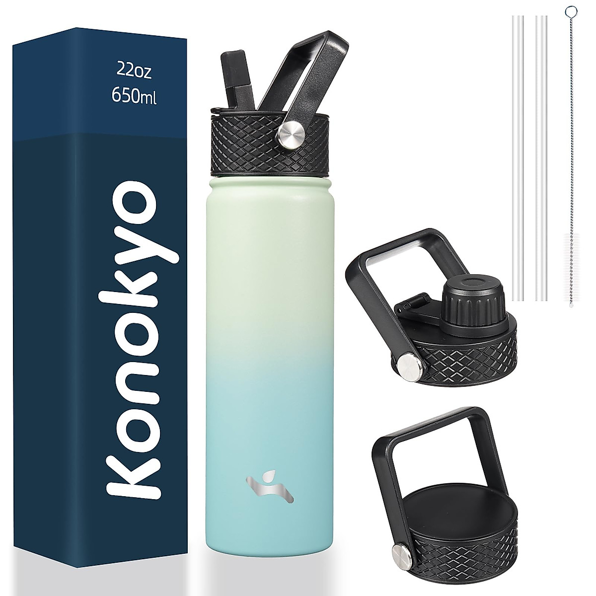 Konokyo 22oz Stainless Steel Water Bottles With 3 Lids Sport Insulated Water Bottle,Mint