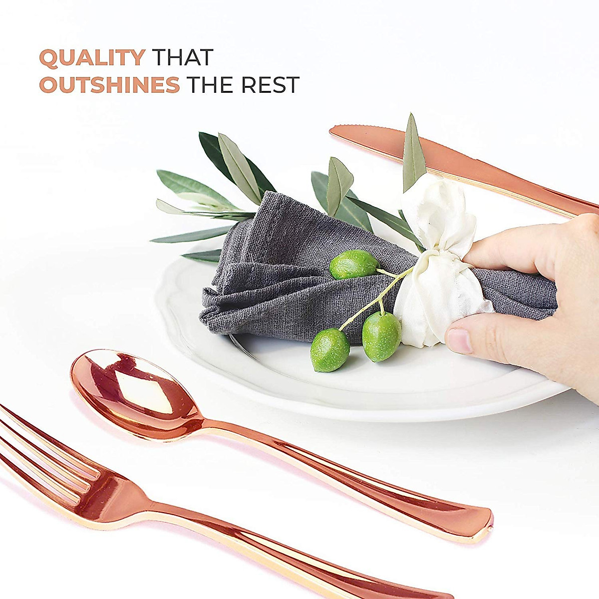 Rose Gold Plastic Silverware Set (160 Bulk Pack) Disposable Cutlery Utensils, 80 Forks, 40 Knives, 40 Spoons, Heavy Duty Rose Gold Flatware For Holidays, Parties, Dinners, Weddings, and Occasions