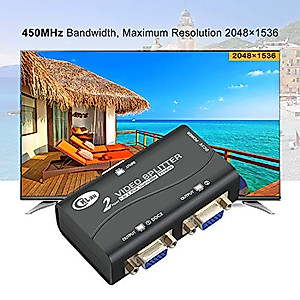 CKLau 450MHz Bandwidth 2 Port VGA Splitter Amplifier Box 1 PC to 2 Monitors SVGA Video Splitter Support 2048 x 1536 Resolution up to 164ft for Screen Duplication