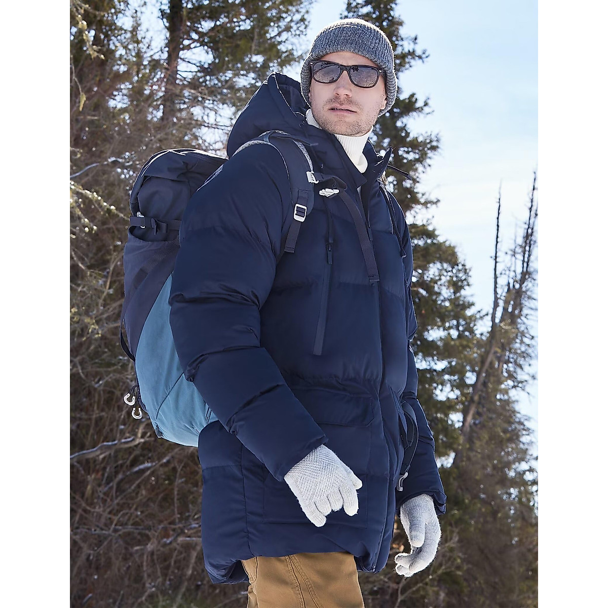 Rejork Men's Long Winter Coat Hooded Warm Quilted Jacket Water-resistant Cold Weather Parka Navy M