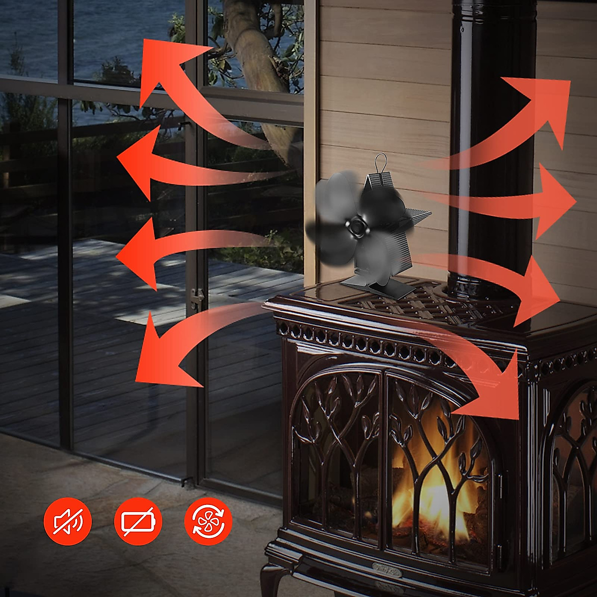 4-Blade Heat Powered Stove Fan, Fireplace Fan with Designed Silent Operation Circulating Warm Air Saving Fuel Efficiently for Home/Wood/Log Burner/Fireplace