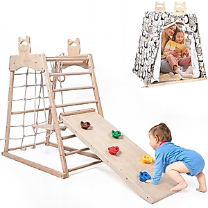 Ascism Jungle Gym Indoor (8 in 1) Wooden Indoor Playground, Toddler Wooden Climbing Toys, Montessori Playset, Gym with Slide, Climbing Net, Swing, Tent, Gymnastics Ring…