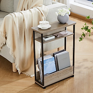 Vintage Narrow Side Table with Storage Shelf, 3 Tier Slim End Table Modern Sofa Table for Narrow and Small Spaces, 24.6 Inch Height Bedside Table Small Nightstand with Magazine Rack (Oak)