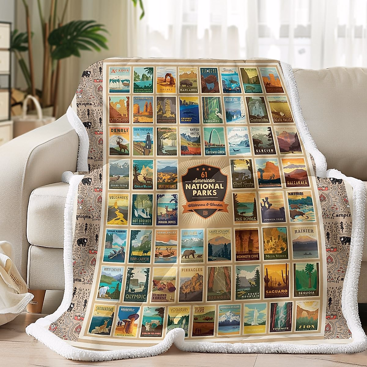 MILANKET Map Fleece Blanket for Couch Sofa Travel, American National Park Throw Blanket Soft Thick Plush Animal Bear Blanket for Kids Boys Girls Teens Adults 50x60 Inches