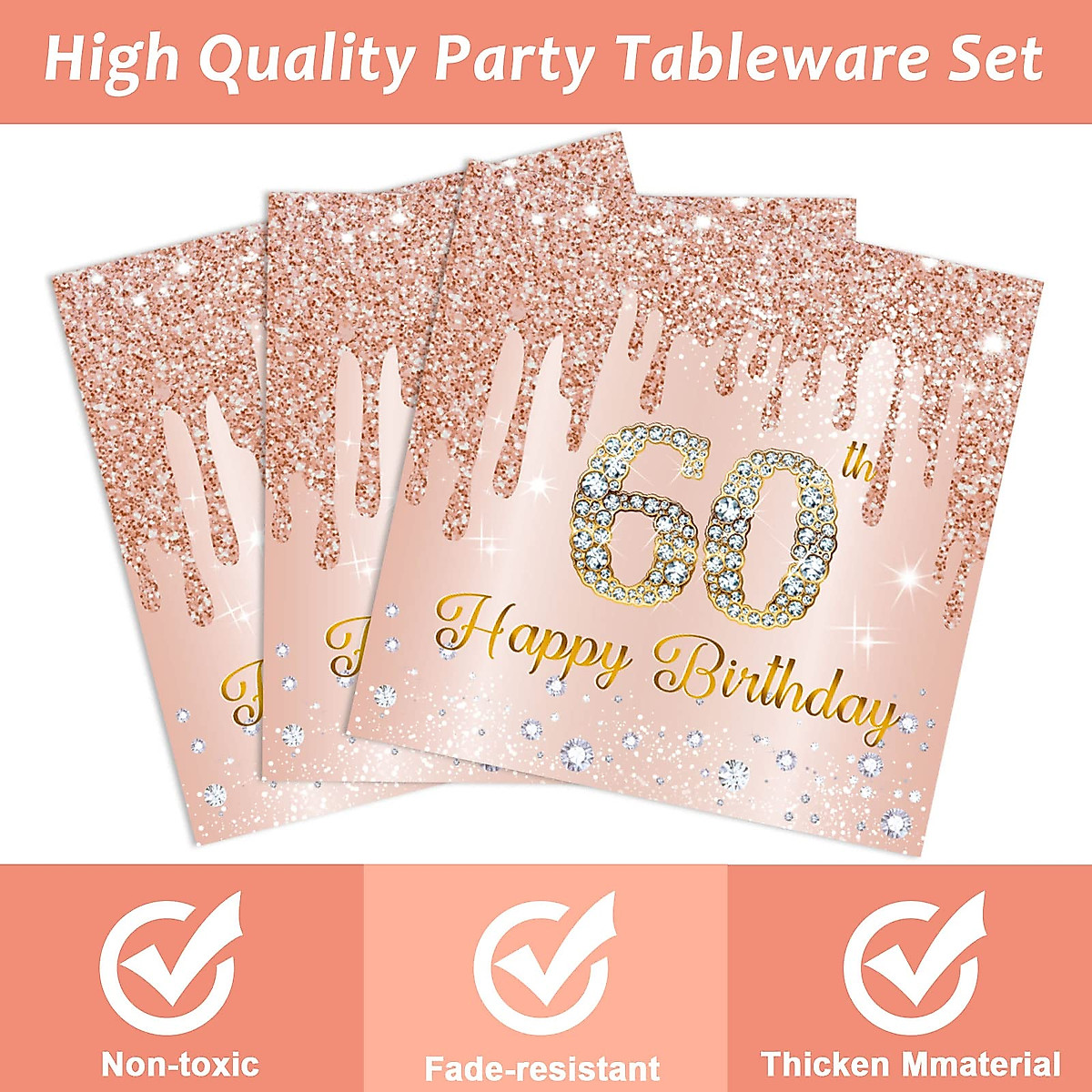 96 Pieces 60th Birthday Tableware Set for Pink Rose Gold 60th Birthday Table Decorations Supplies Pink Rose Gold Happy 60 Birthday Dessert Plates Napkins Forks for 24 Guests Women Birthday Supplies