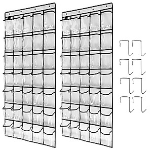 TidyMaster Clear Crystal 2 Pack 35 Pockets Large Hanging Shoe Organizer Over The Door Shoe Rack for Closet Door Storage Shoe Holder Hanger, 8+8Hooks, white