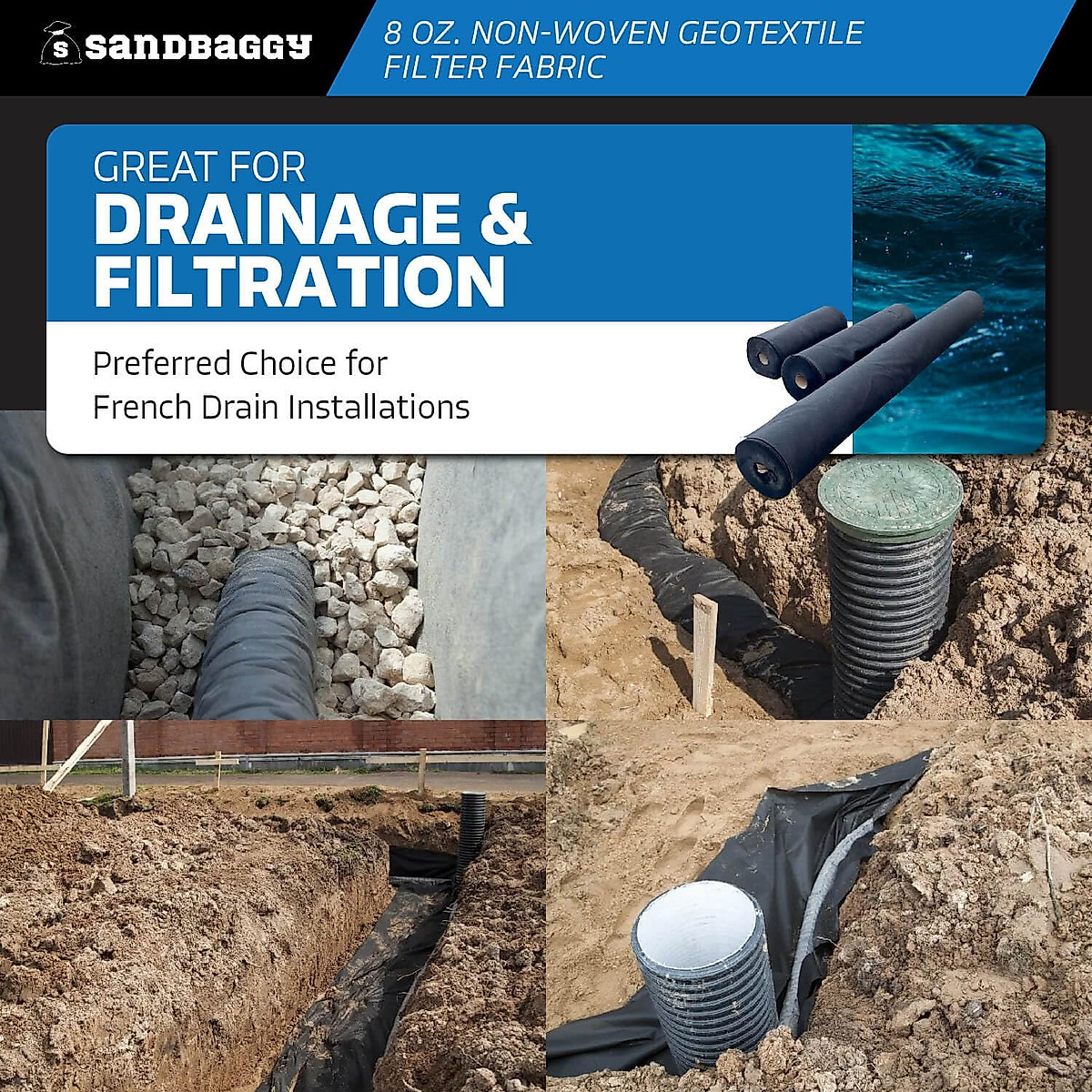 Sandbaggy Non Woven 8 oz Geotextile Landscape Fabric | Made in America | 50 Year Fabric | Industrial Grade Fabric | 205 Lbs of Tensile Strength | UV Protected | Approved by DOT (3 ft x 100 ft Roll)