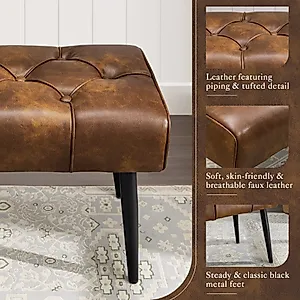 LUE BONA Button-Tufted Ottoman Bench, 44.5'' Faux Leather Upholstered Bedroom Bench, Padded Entryway Bench, End of Bed Bench with Metal Legs, for Decorative, Living Room, Dining Room, Yellowish Brown