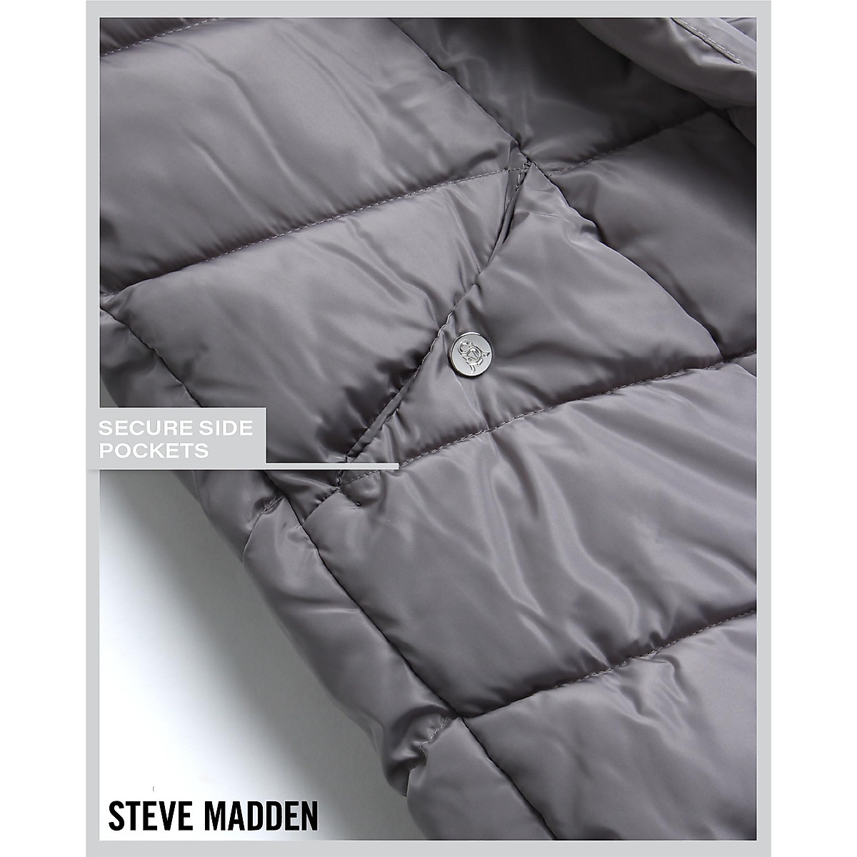 Steve Madden Women's Long Chervron Quilted Outerwear Jacket, Titanium, Large