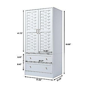 QEIUZON Wardrobe Closet, Freestanding Closet Wardrobe Cabinet with Wide Drawers & Hanging Rod, Armoire for Bedroom, Kids' Room, Dorm (White)