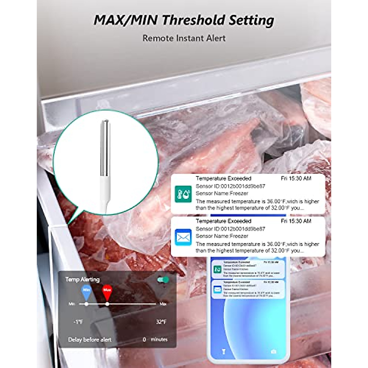 MOCREO ST5 WiFi Thermometer Freezer Alarm, Email Alert, App Notification, Data Logging Export, No Subscription Fee, Remote Wireless Temperature Sensor for Refrigerator, Freezer, Hot Tub (2 Pack)