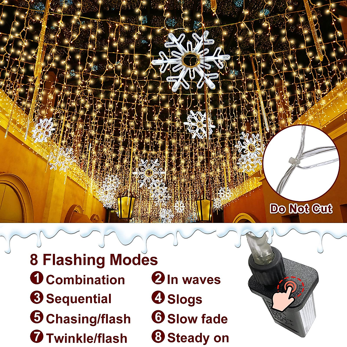 BESSTOR 456LED 35.4FT Icicle Christmas Lights Outdoor Decoration, 8 Modes 72 Drops Fairy String Curtain Decoration Eaves Window Holiday Yard Garden Indoor Home (Warm White) (JT-EL/FC300V0240-C)