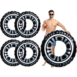 4 Pack 47 Inches Giant Inflatable Tire Tubes Tire Floats for Pool Inflatable Tire Float for Adults Race Car Birthday Party Supplies Swimming Rings River Raft Truck Race Car Themed Birthday Decorations