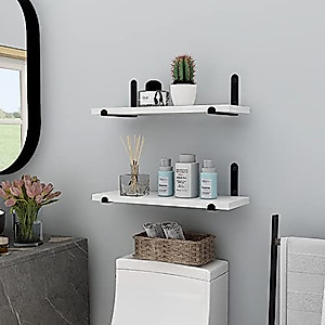 Godimerhea White Floating Shelves for Wall, Modern Wall Mounted Set of 2,Neutral Wooden Storage Decorative Hanging Shelf with Black Metal Brackets for Bathroom Living Room,Kitchen