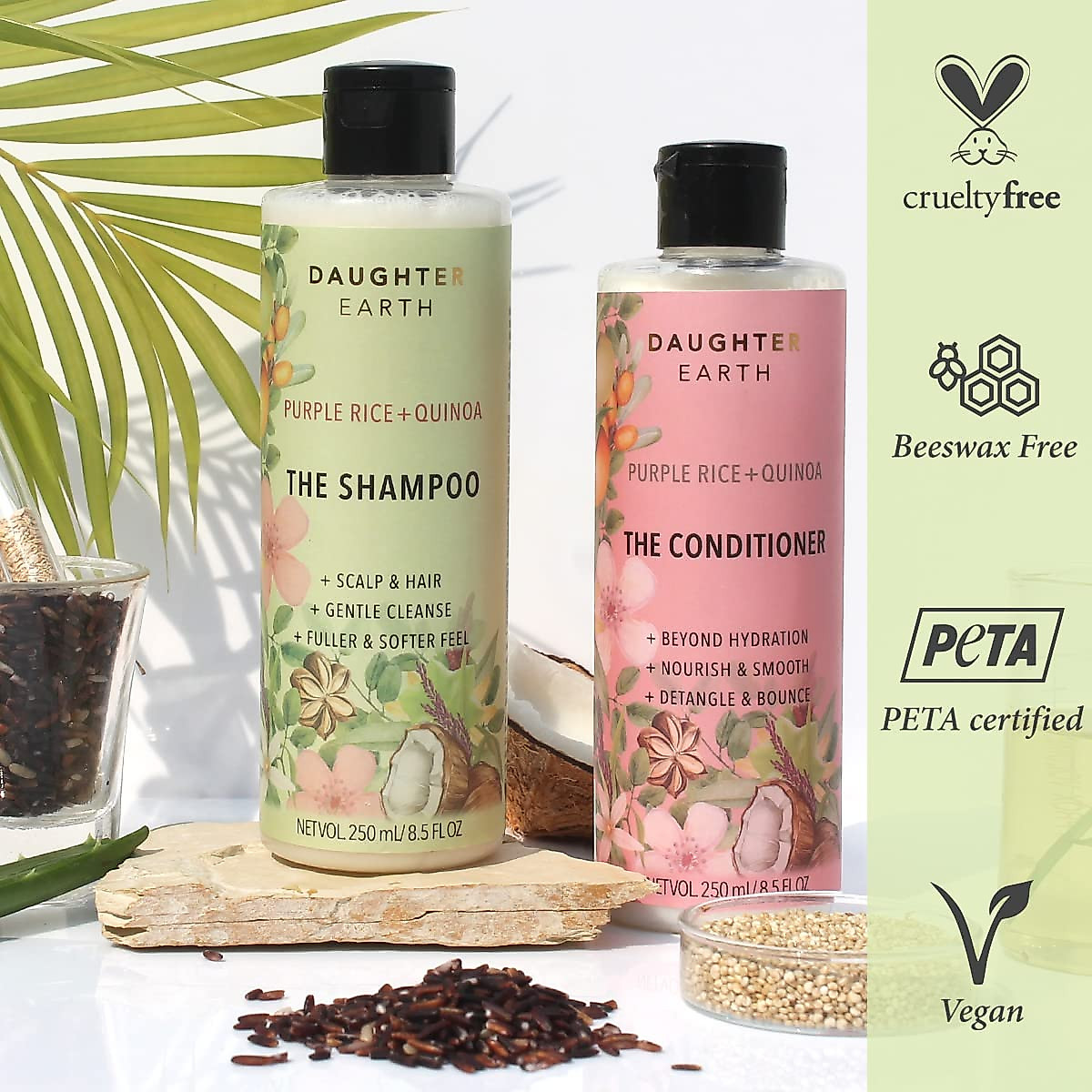 DAUGHTER EARTH The Shampoo With Purple Rice & Quinoa For Nourishment & Hairfall Rescue With Dandruff & Frizzy Hair | Gentle Cleanser For Scalp & Hair For Softer Stronger and Fuller Feel | 250 ml