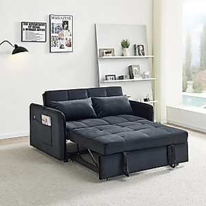 Myshle 55" Pull, Modern Velvet Convertible Adjustable Backrest Sleeper, Small Loveseat Sofa Bed with Two Pillows and Side Pockets for Living Room, Apartment,Black