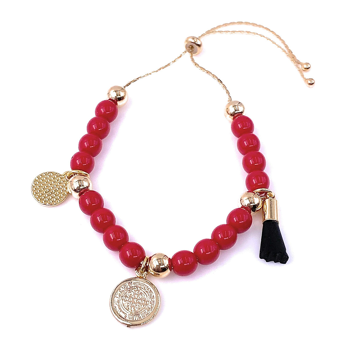 LESLIE BOULES Saint Benedict Red Glass Beads Bracelet Genuine Azabache and Blue Evil Eye Handmade Jewelry