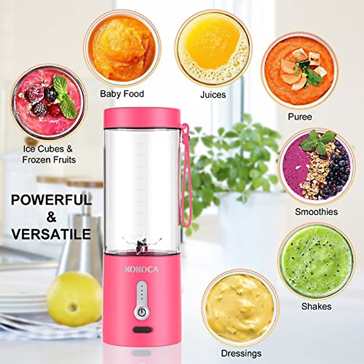 Portable Blender for Shakes and Smoothies, KOKOCA Personal Travel Blender for Protein with 4000mAh USB Rechargeable Battery, Crush Ice, Frozen Fruit and Drinks, 18 oz Mini Cup, Pink 1
