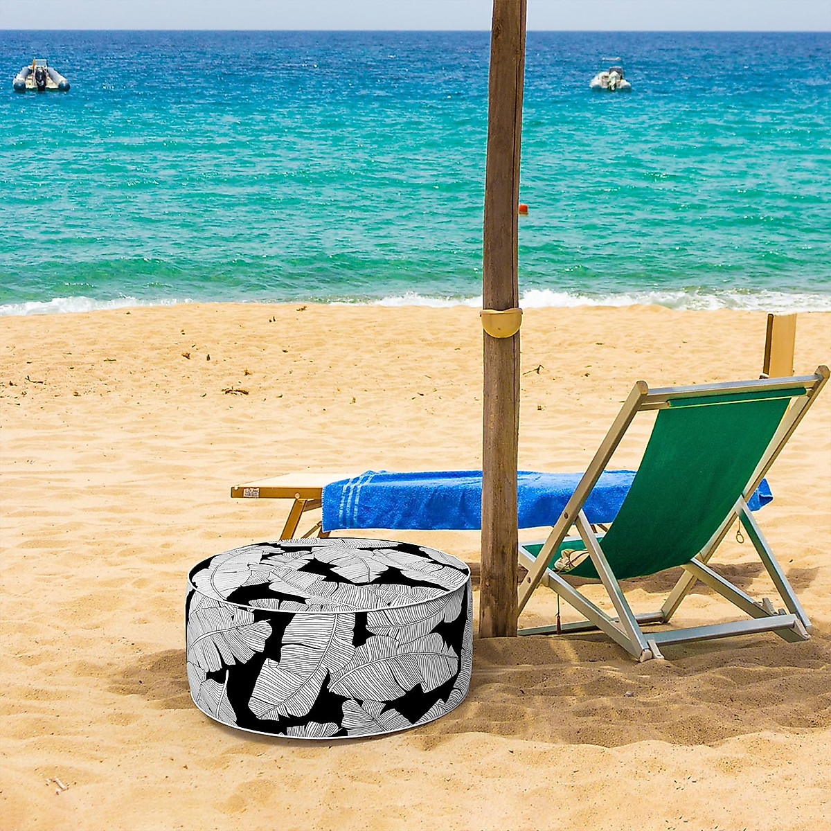 DYTXIII Inflatable Ottoman Stool D21 xH9 for Outdoor/Indoor Use, Water Repellent Patio Foot Rest Stool with Portable Handle,Round Pouf Ottoman Suitable for Garden,Deck and Camping - Stripe Grey